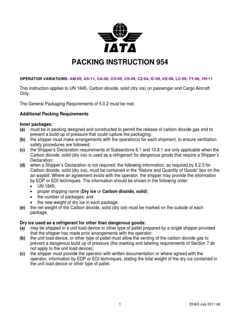 IATA Pack Instr 954 | PDF | Carbon Dioxide | Dangerous Goods