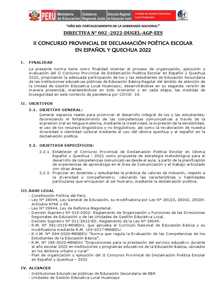 Directiva N°002-2022 Declamación Poética | PDF | Salón de clases | Maestros Directiva N°002-2022 Declamación Poética | PDF | Salón de clases | Maestros