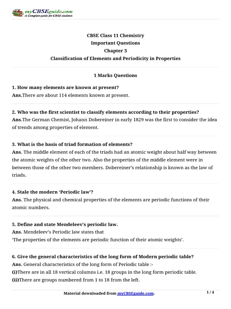 11 Chemistry Imp ch3 1 | PDF | Periodic Table | Oxide
