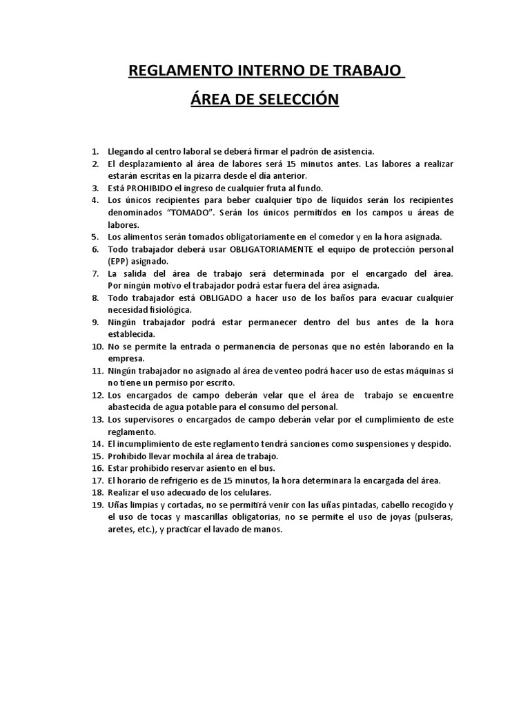 Reglamento Interno de Trabajo | PDF