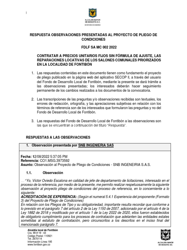 Respuesta Observaciones Proyecto de Pliegos | PDF | Oferta (economía) | Business