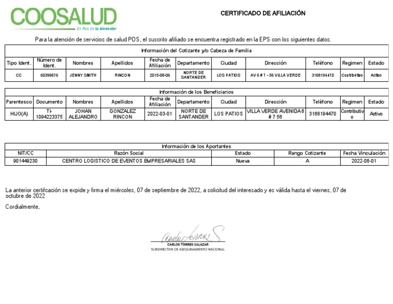 Certificado Coosalud | PDF
