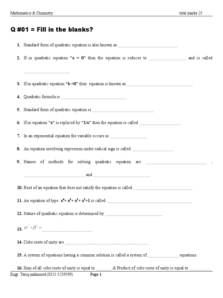 Maths & Chemistry Fill in The Blanks (Chap 01,02) | PDF | Equations ...