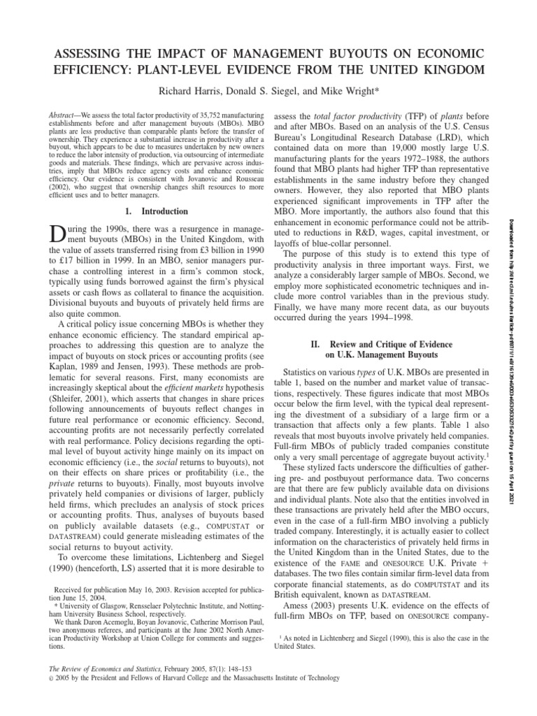 Assessing The Impact of Management Buyouts On Economic Efficiency Plant ...