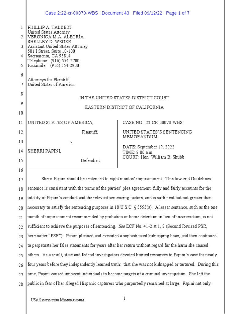 Papini Sentencing Memo | PDF | Plea Bargain | Plea