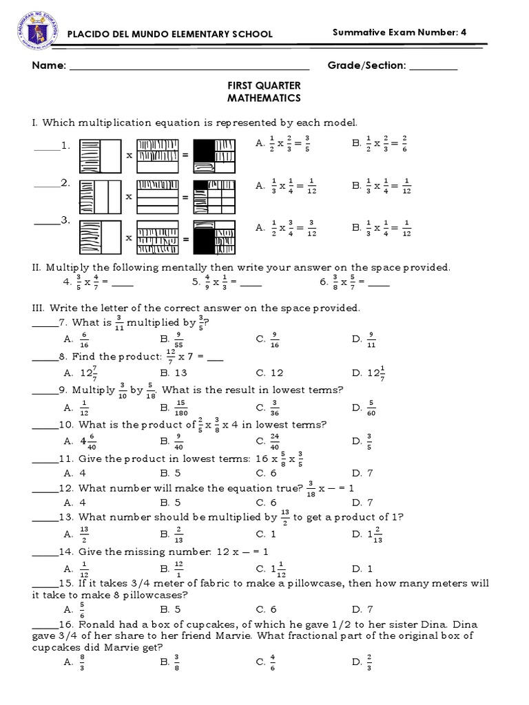Summative Exam Number 4: First Quarter Mathematics | PDF | Multiplication | Numbers