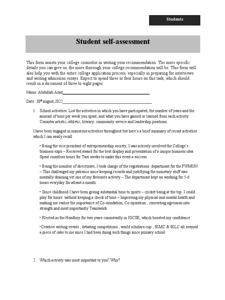 Student-Self-Assessment Form | PDF | Behavior Modification ...