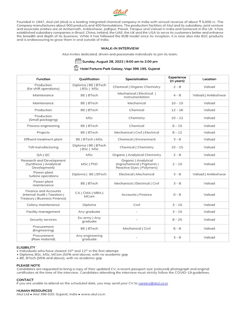Walk-In Interview: Careers@atul - Co.in | PDF | Economies | Business