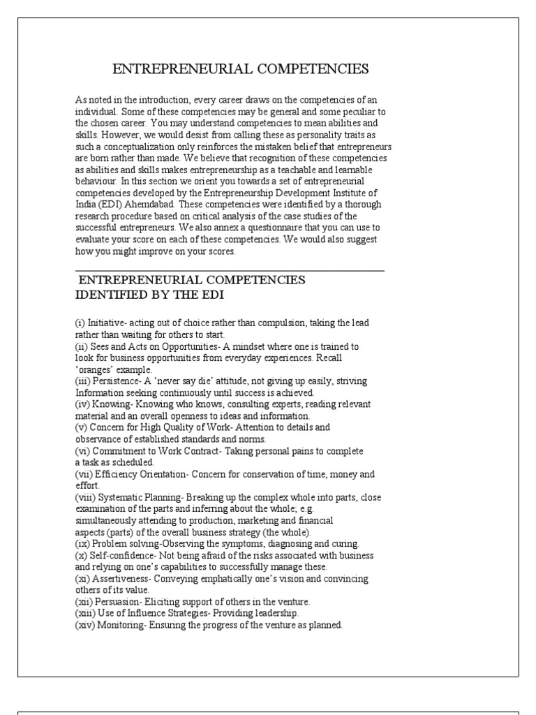 Entrepreneurial Competencies Guide | PDF | Entrepreneurship ...