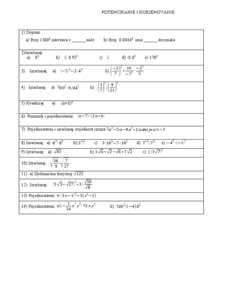 Potenciranje I Korjenovanje Ponavljanje 2021 | PDF