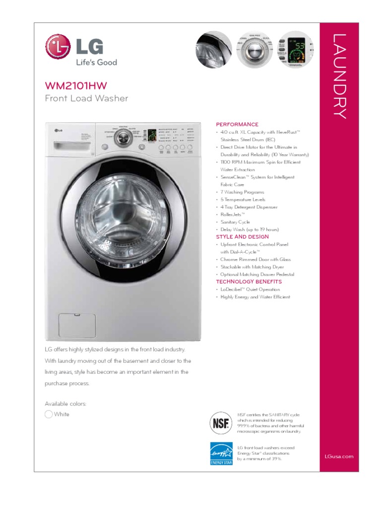 Lg Spec Sheet Wm2101h | Washing Machine | Industries