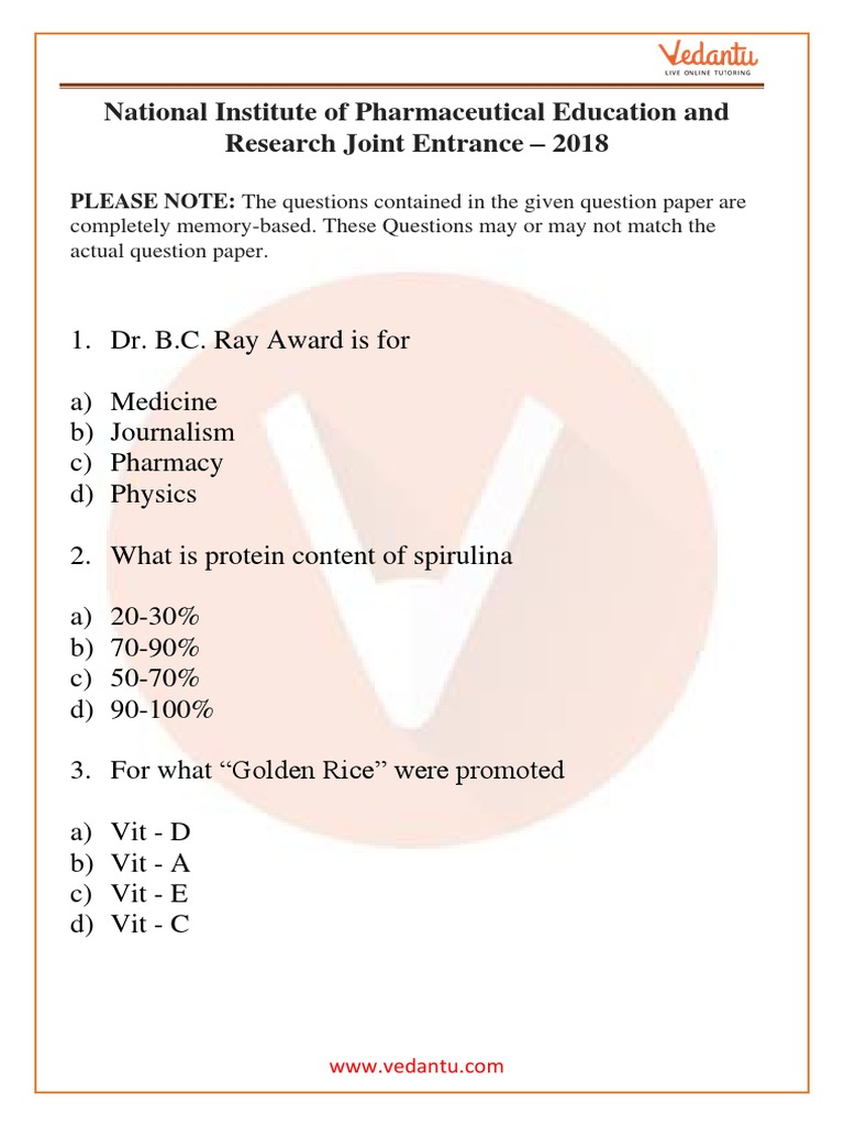 NIPER JEE Question Paper 2018 PDF Download | PDF | Chemistry