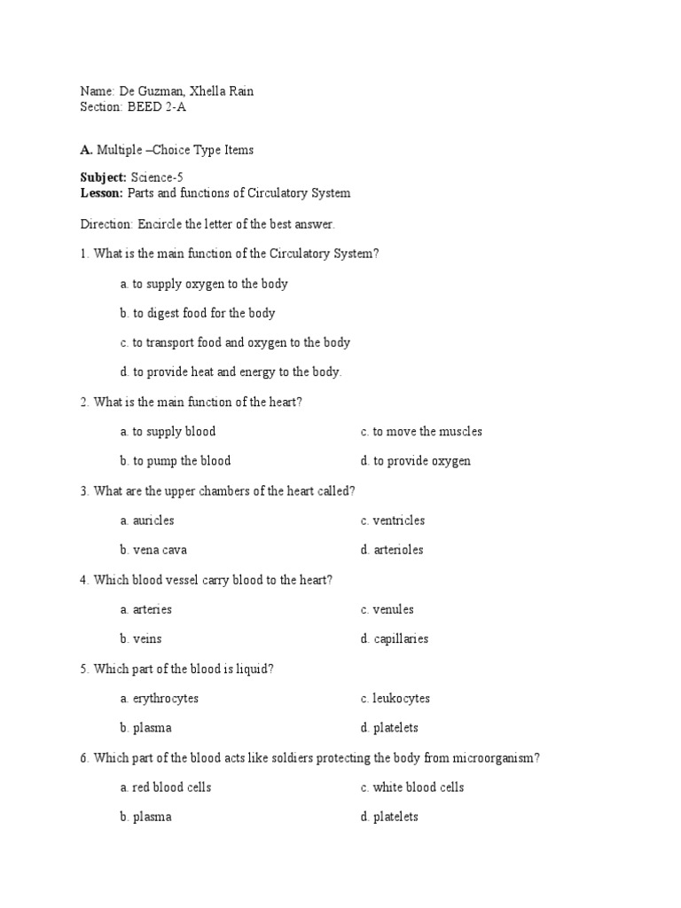 Assessment 1 Multiple Choice Test | PDF | Blood | Heart