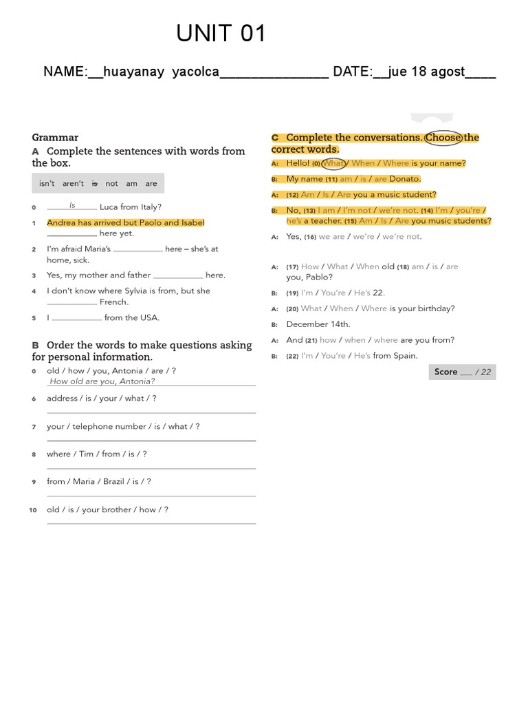 Openmind 1 Unit 1 Grammar and Vocabulary Test A | PDF | Communication ...