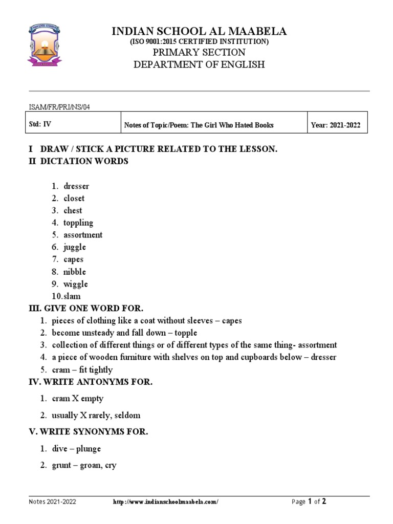Tne Girl Who Hated Books Notes 21-20 | PDF