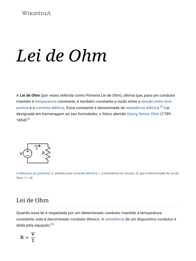 Lei de Ohm - Wikipédia, A Enciclopédia Livre | PDF | Condutor elétrico ...