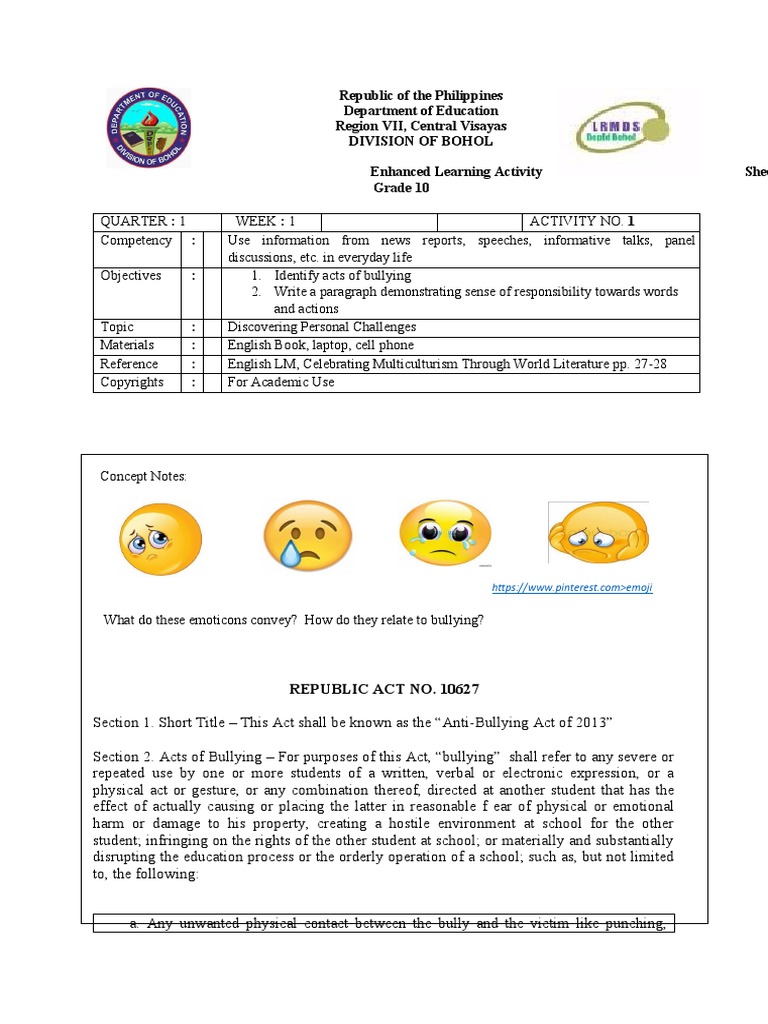 ENGLISH-10 LAS Q1 Wk01 Day1-5 | PDF | Bullying | Cyberbullying