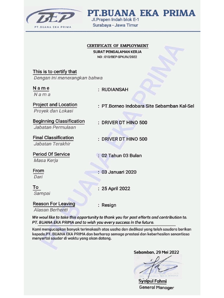 Pengalaman Kerja Rudiansah (PT - Bep) | PDF