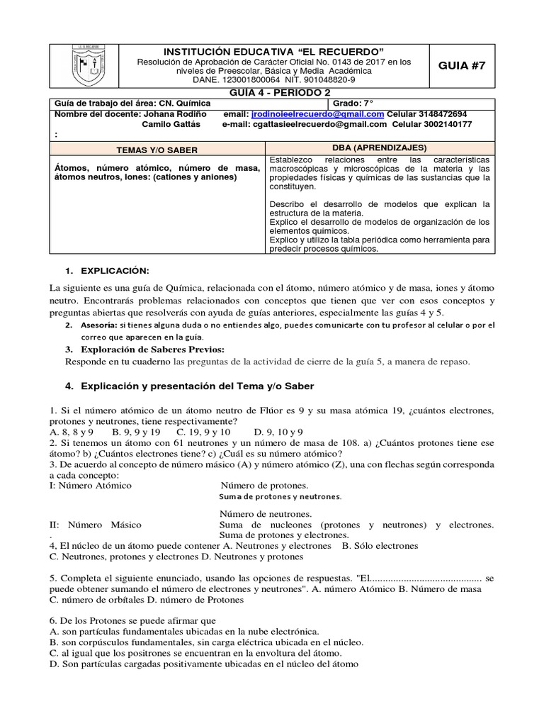 Guias 7 8 Quimica Grado 7 Pdf Neutrón átomos