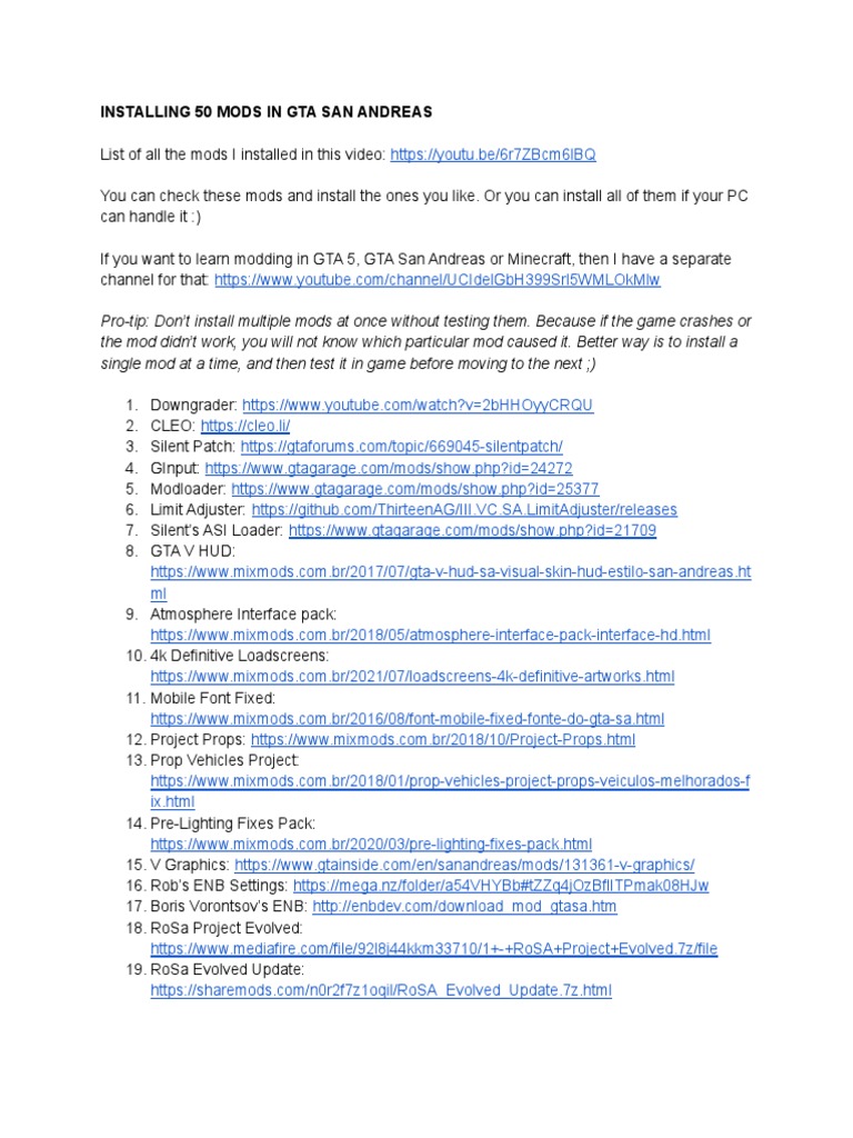 GTA San Andreas 50 Mods List | PDF | Video Games