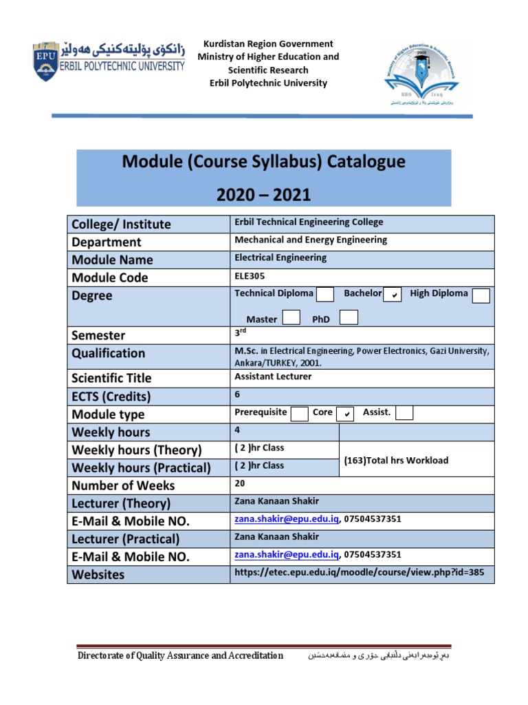 Module (Course Syllabus) Catalogue For 2nd Stage | PDF | Electrical ...
