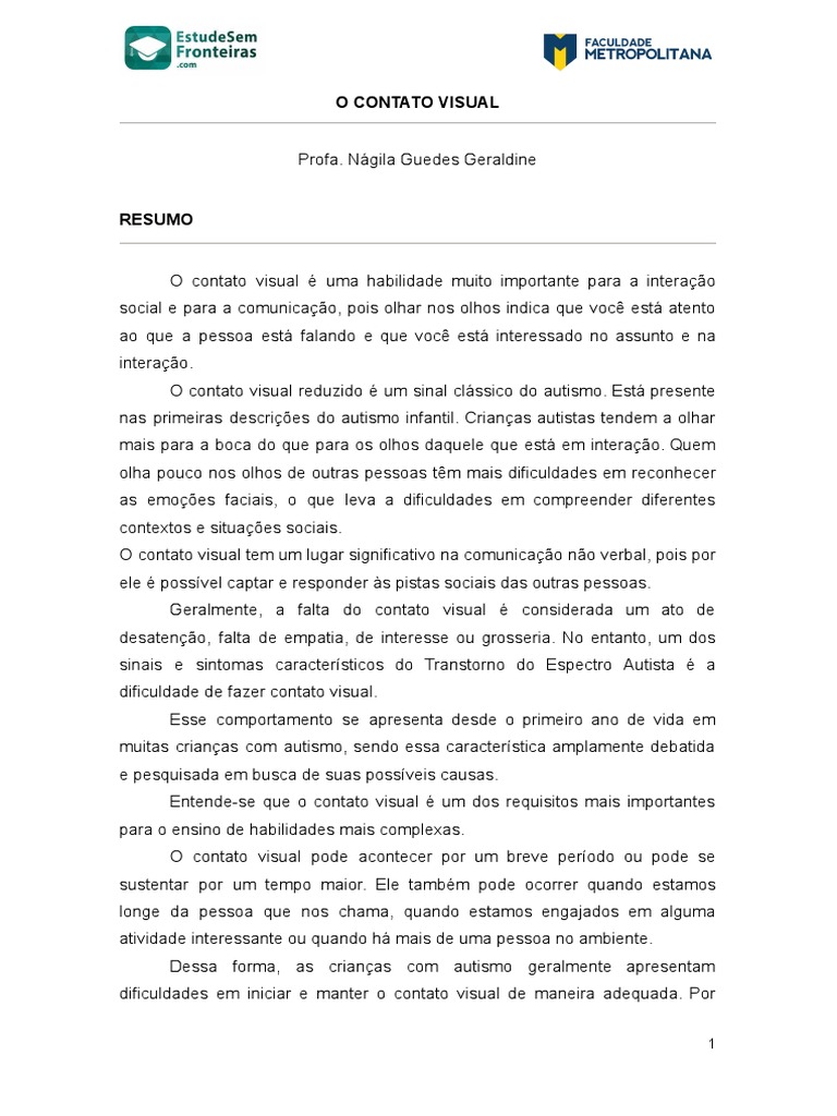 O Contato Visual - Resumo | PDF | Autismo | Aprendizado