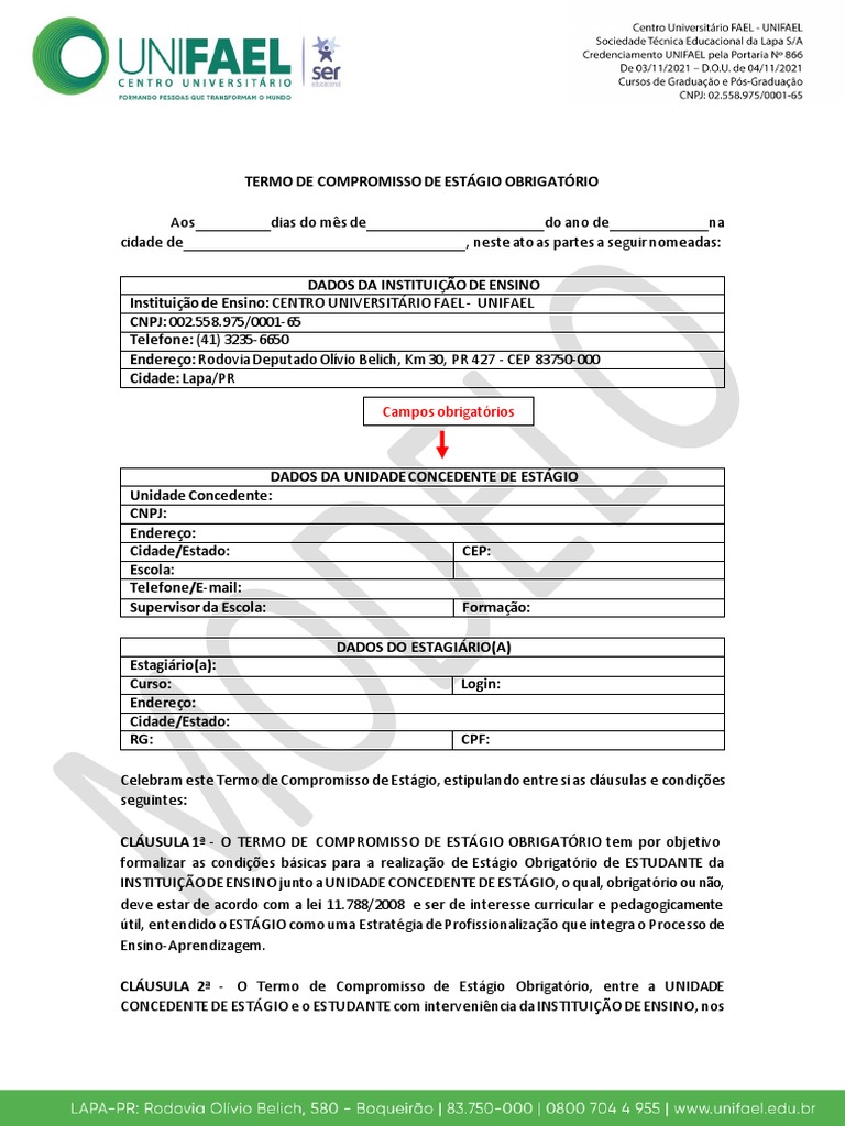 TERMO DE COMPROMISSO - Modelo de Preenchimento | PDF | Estágio | Procura de Emprego