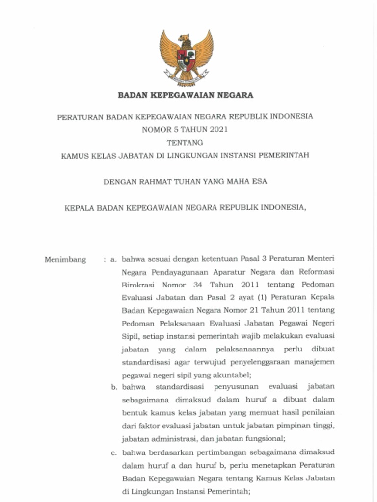 Dasar Tukin Pegawai Perka BKN No. 5 Tahun 2021 | PDF