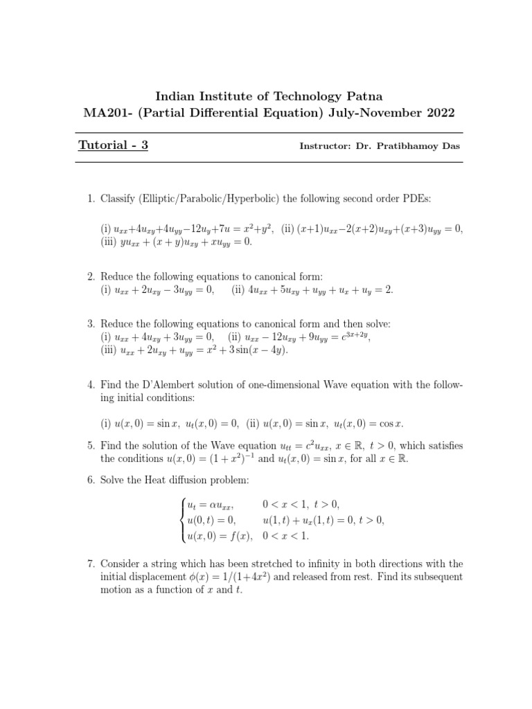 Tutorial 3 MA 201 | PDF | Partial Differential Equation | Subtraction