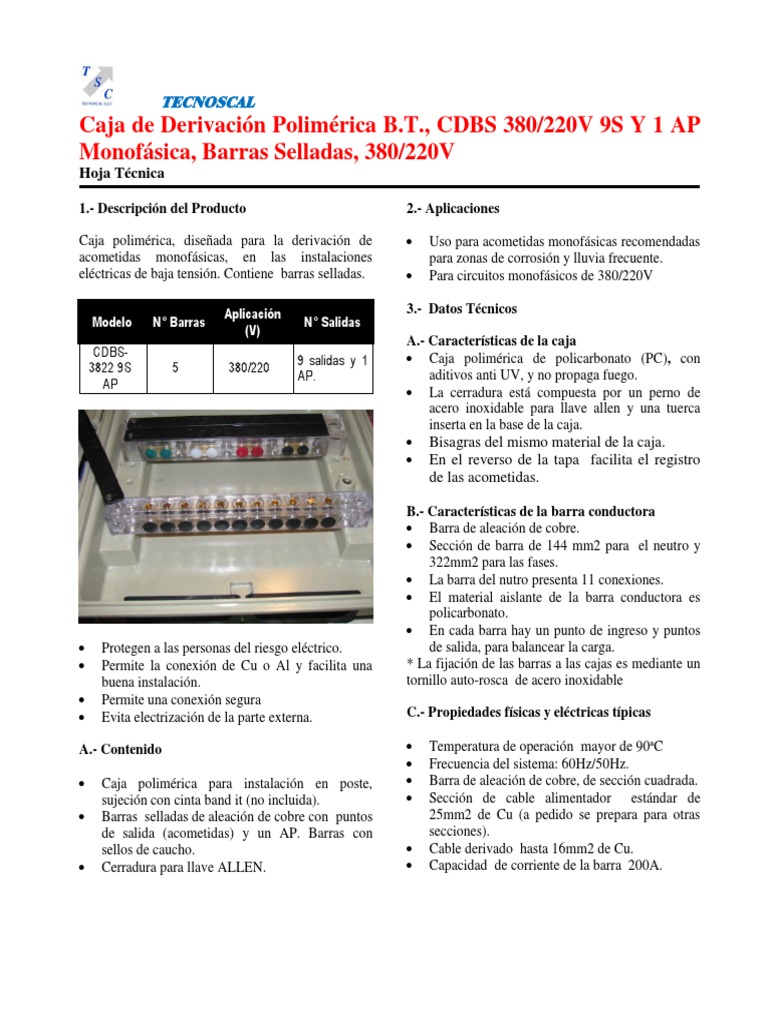 Caja derivación monofásica 380/220V 9 salidas | PDF | Cobre | Tornillo