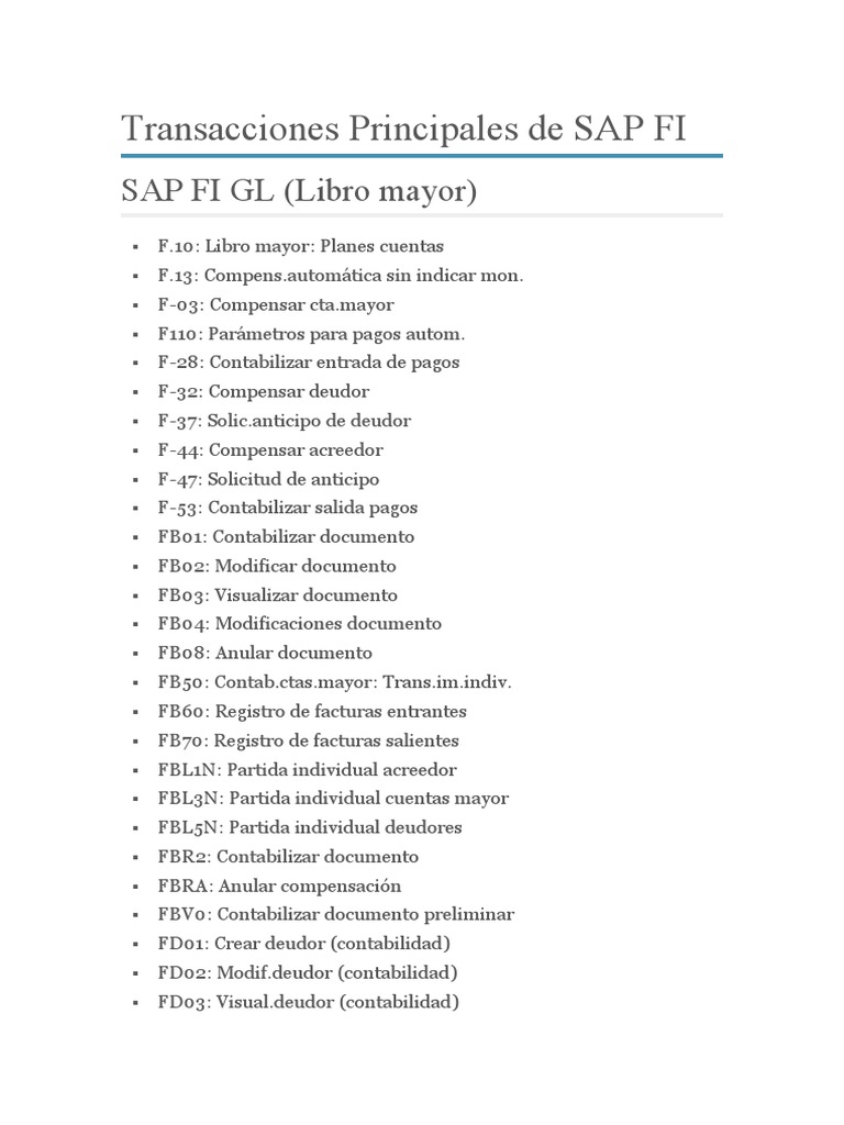 Transacciones Principales de SAP Finanzas 1 | PDF | Contabilidad | Dinero