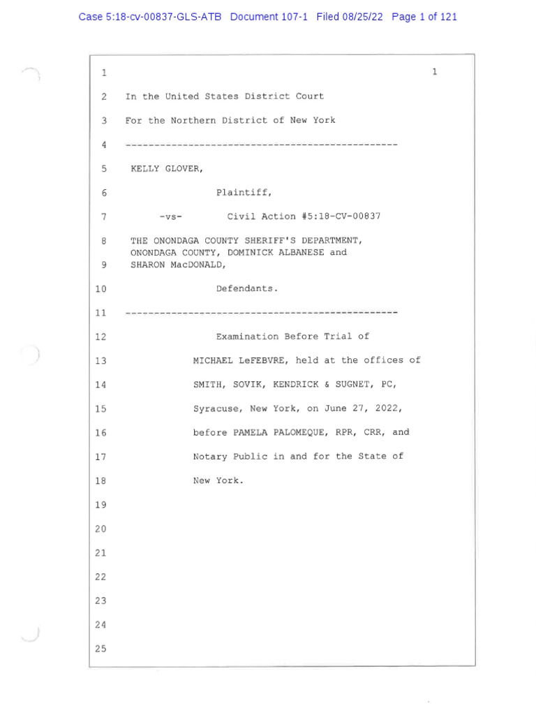 Glover v. Onondaga County Sheriff's Dept Et Al. (Transcript) Deposition (Doc 107-1) | PDF ...