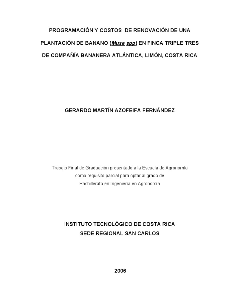 Programación y Costos de Renovación de Una Plantación de Banano (Musa ...