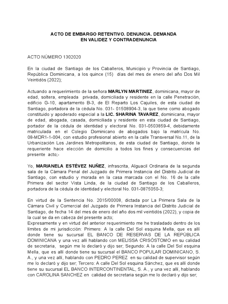 Acto de Embargo Retentivo, Denuncia, Contra Denuncia, Etc | PDF ...