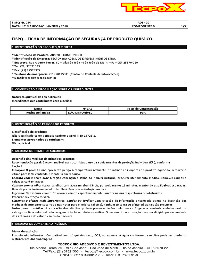 FISPQ ADS 20 - Componente B da Tecpox | PDF | Águas residuais | Desperdício