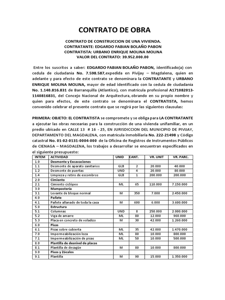 Contrato de Obra - Construcion | PDF