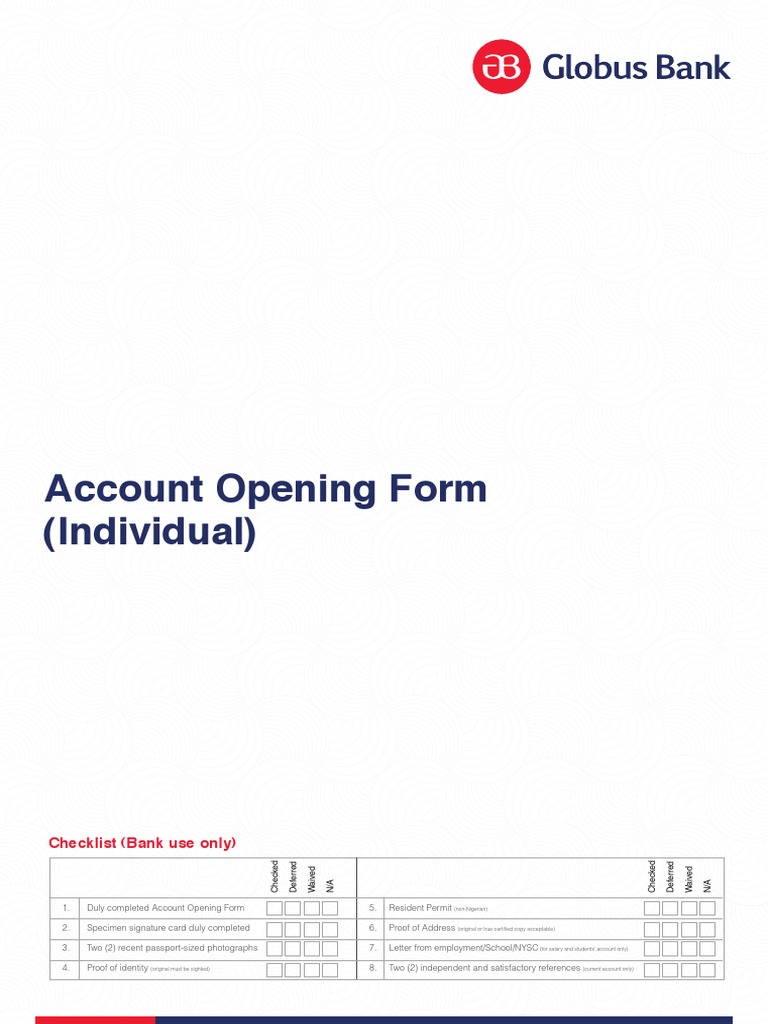 Globus Bank Individual Account Form | PDF | Identity Document | Signature