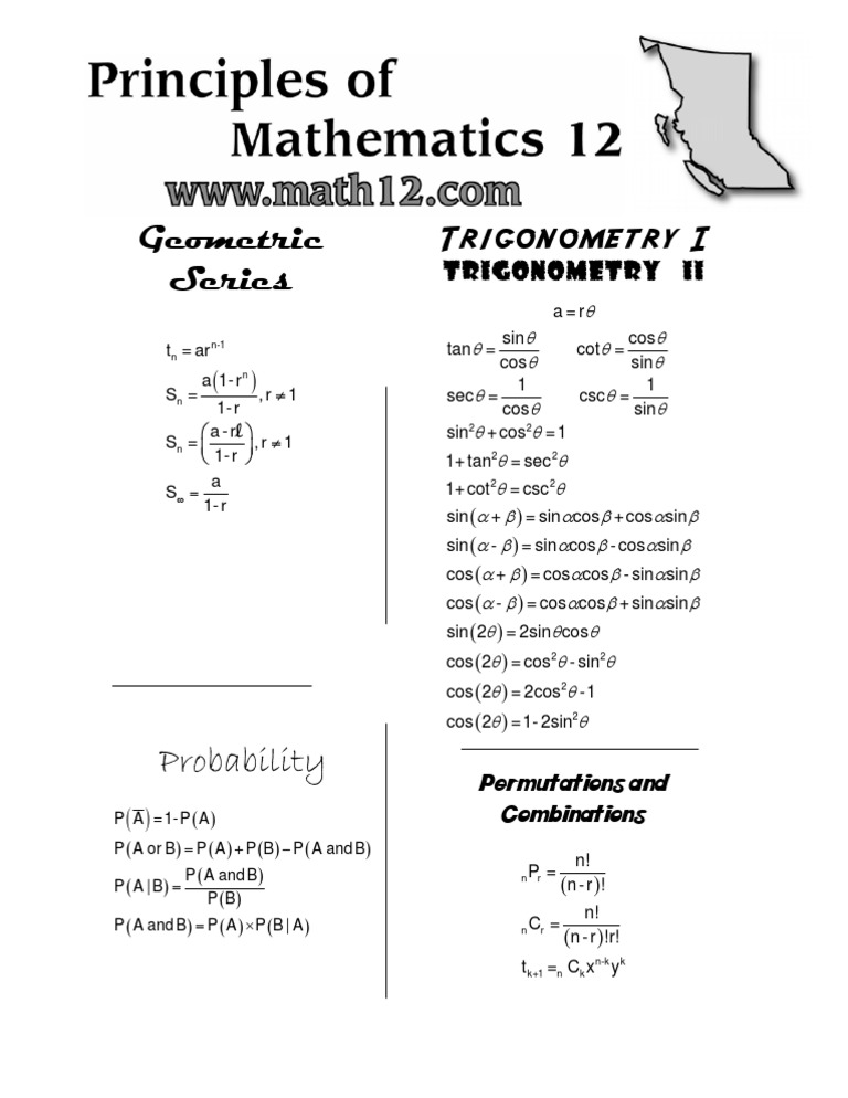 Principles of Math 12 - Formula Sheet | PDF