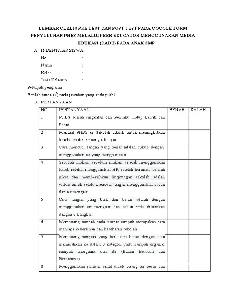 Ceklis Pre/Post Test PHBS untuk SMP | PDF | Kesehatan Holistik