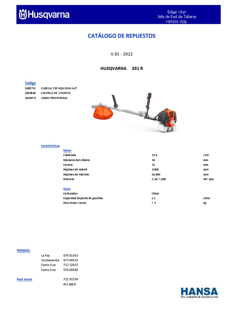 Catálogo de Repuestos Husqvarna 331R | PDF | Partes de vehículo ...