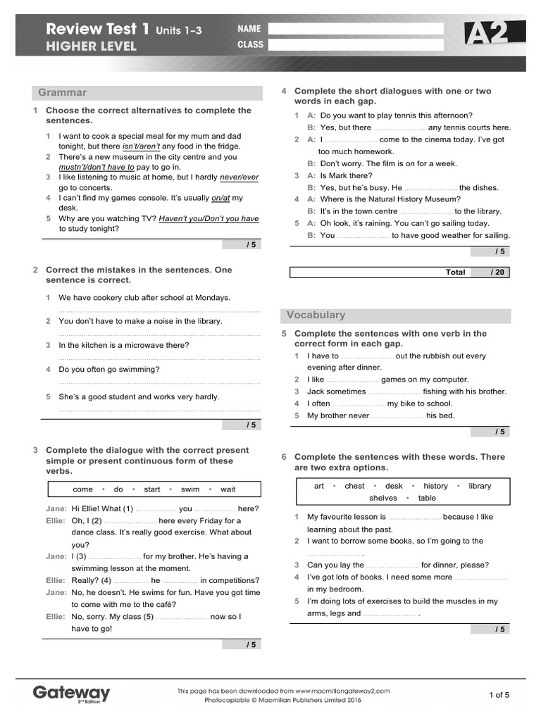 A2 Review Test 1 Higher | PDF