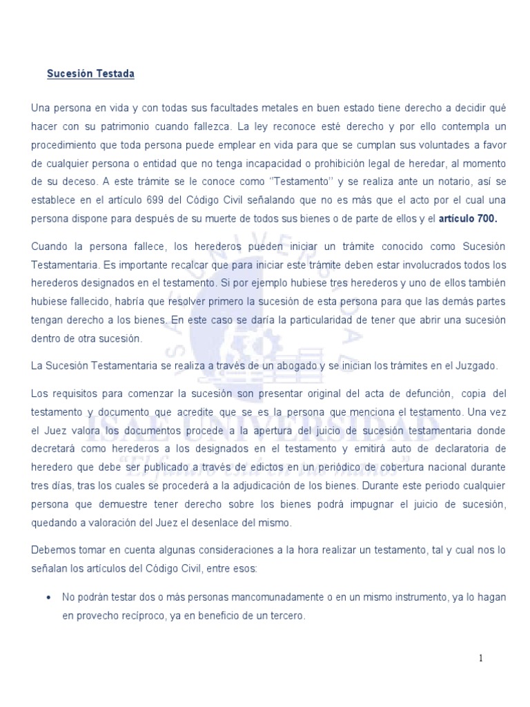 Resumen Sucesion Testada | PDF | Voluntad y testamento | Ley común