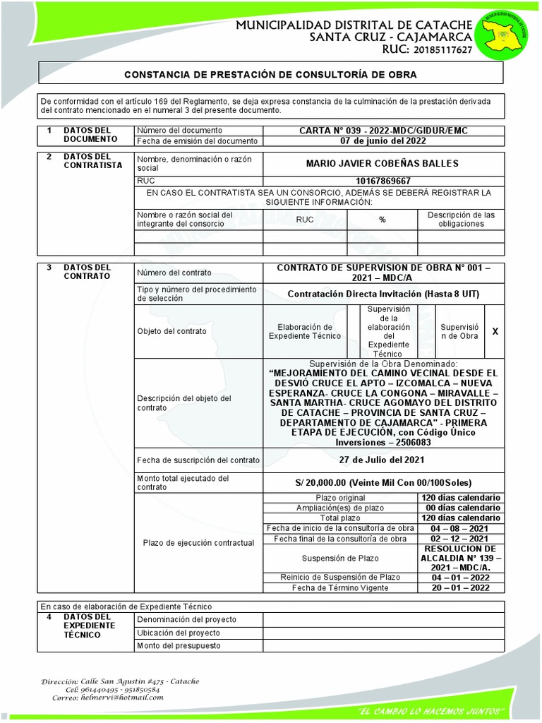 Constancia de Prestación de Consultoría de Obra | PDF | Gobierno