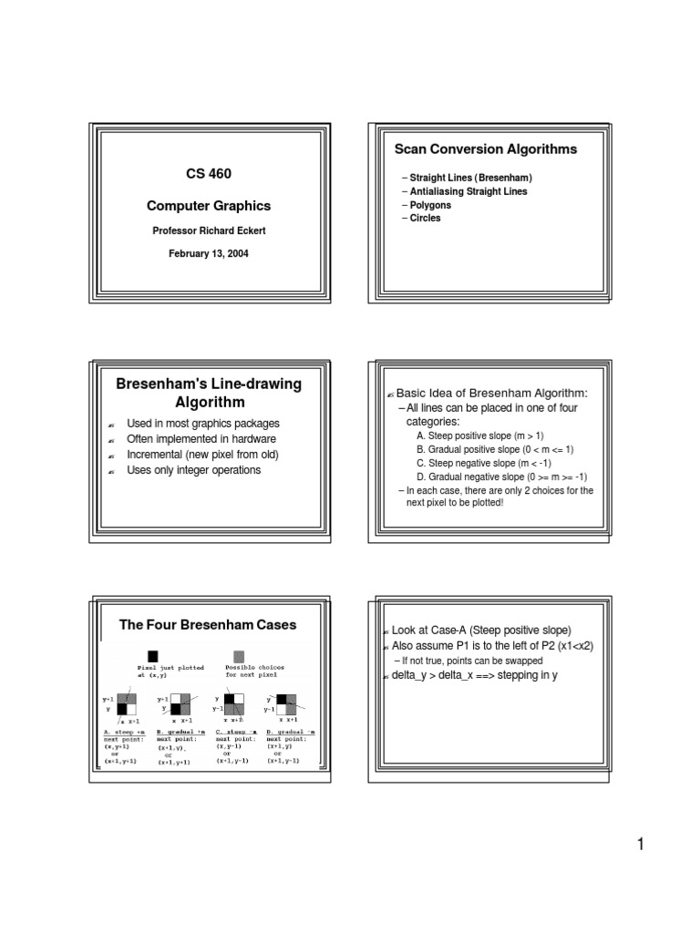 CS 460 Computer Graphics Scan Conversion Algorithms: Bresenham's Line-Drawing Algorithm | PDF ...