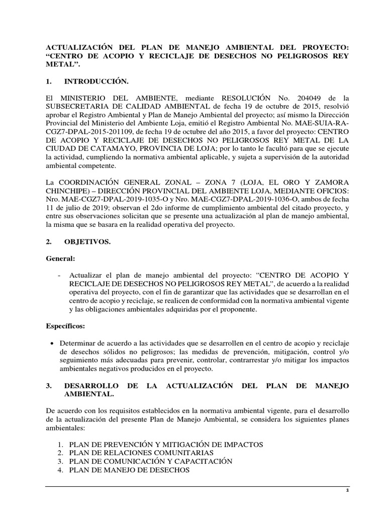 Actualización Del Plan de Manejo Ambiental | Descargar gratis PDF | Residuos | Seguridad y salud ...