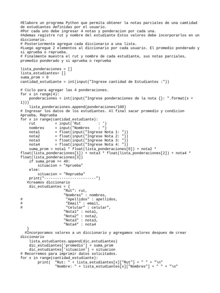 Programa Python para Calcular Notas Estudiantiles | PDF | Programación de computadoras | Informática