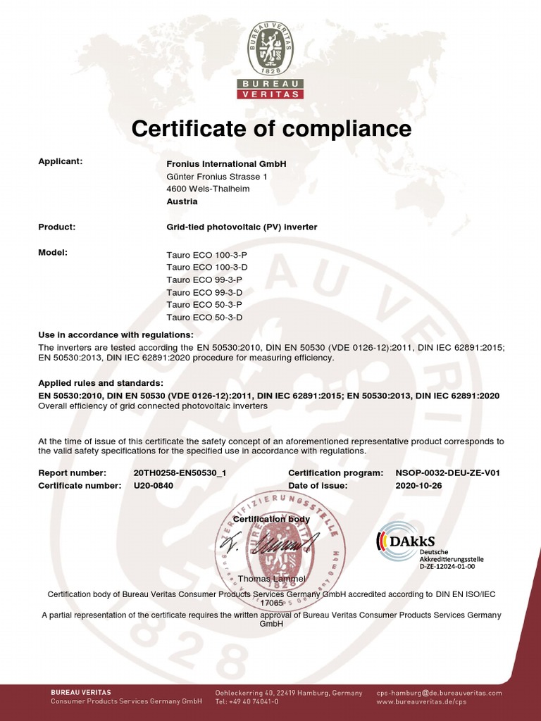 SE CER Conformity EN 50530 IEC 62891 Fronius Tauro Eco EN | PDF ...