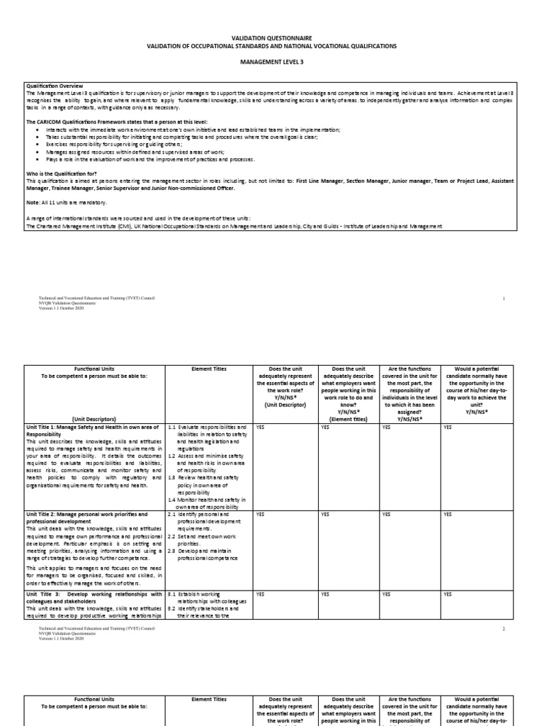 NVQ Level 3 Management Validation Questionaire | PDF | Vocational ...