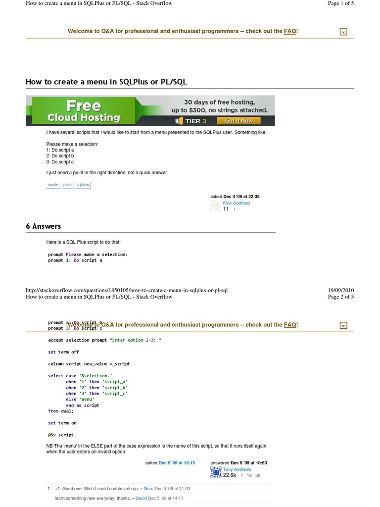 How To Create A Menu in SQLPlus or PLSQL | PDF | Pl/Sql | Faq