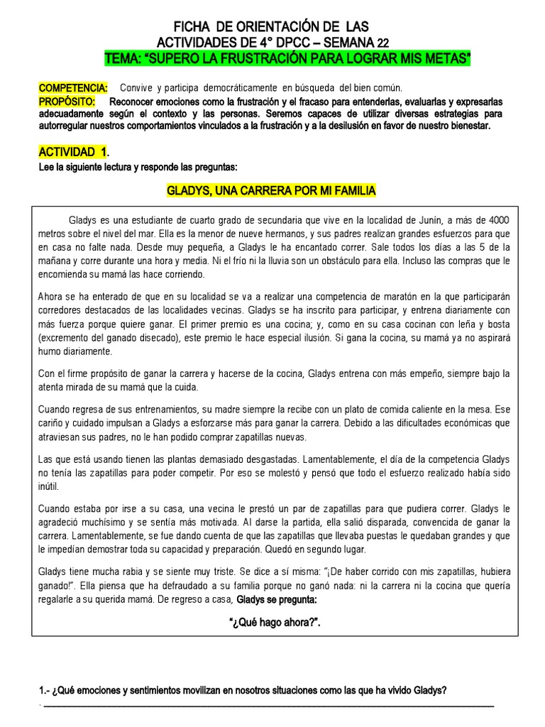 Ficha de Orientación de Las Actividades de 4° DPCC - Semana Tema: "Supero La Frustración para ...